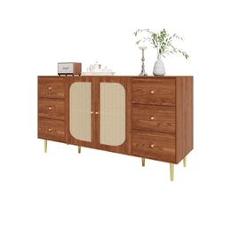 ABRIHOME Sideboard in Braun mit Rattant&uuml;ren und 6 Schubladen 160x40x90 cm | Gr.: onesize