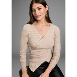 V-Ausschnitt-Pullover Bruno Banani, Damen, Gr. 44, creme, melange, Obermaterial: 50% Viskose, 28% Polyester, 22% Polyamid, meliert, unifarben, figurbetont h&uuml;ftlang, V-Ausschnitt, Rippb&uuml;ndchen, Pullover, Wickeloptik und edles Knopfdetail