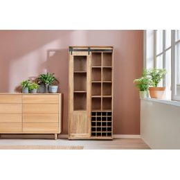 Wein-Highboard 90x45x180 cm Baumkante Akazienholz massiv natur gusseiserne Elemente LIAN I