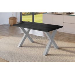 Esstisch 160x85 cm Baumkante Holz Grau-Optik X-Gestell Metall silber JULIUS