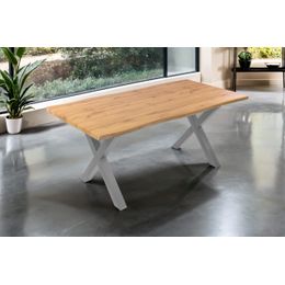 Esstisch 180x90 cm Baumkante Holz Wildeiche-Optik X-Gestell Metall silber JOSY
