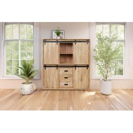 Highboard 150x45x160 cm Baumkante Akazienholz massiv natur gusseiserne Elemente LIAN I