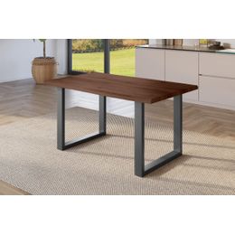 Esstisch 140x80 cm Baumkante Holz Nussbaum-Optik U-Gestell Metall schwarz JULIUS