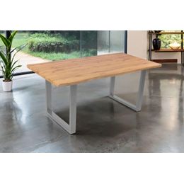 Esstisch 180x90 cm Baumkante Holz Wildeiche-Optik U-Gestell Metall silber JOSY
