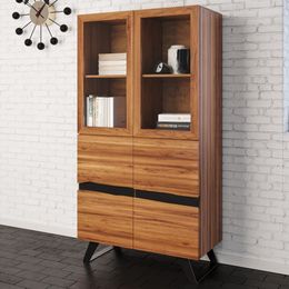 Vitrine 98 x 44 x 175 cm Akazienholz Highboard massiv & nussbaum SARA