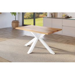 Esstisch 140x80 cm Baumkante Holz Wildeiche-Optik Spider-Gestell Metall wei&szlig; JULIUS