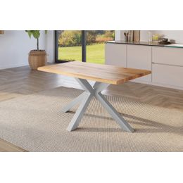 Esstisch 140x80 cm Baumkante Holz Wildeiche-Optik Spider-Gestell Metall silber JULIUS