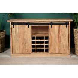 Wein-Sideboard 145x45x85 cm Baumkante Akazienholz massiv natur gusseiserne Elemente LIAN I