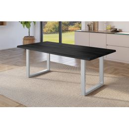 Esstisch 180x90 cm Baumkante Holz Grau-Optik U-Gestell Metall silber JULIUS