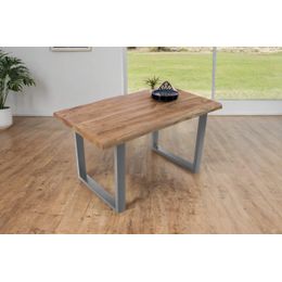 B-Ware Esstisch Baumkante 160 x 85 cm Mangoholz Rough U-Gestell silber CALI