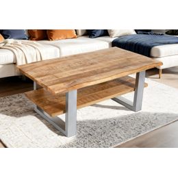 Couchtisch Baumkante massiv Mangoholz naturfarben 115&times;65 cm silber PATRICK