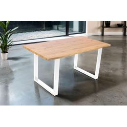 Esstisch 160x85 cm Baumkante Holz Wildeiche-Optik U-Gestell Metall wei&szlig; JOSY