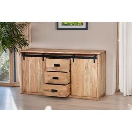 Sideboard 150x45x80 cm Baumkante Akazienholz massiv natur gusseiserne Elemente LIAN I