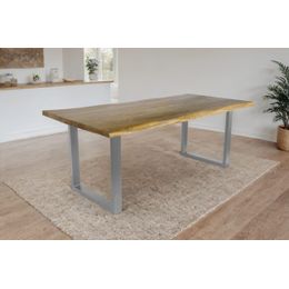 Esstisch Baumkante Akazie massiv 50mm Eichefarben 180 x 90 cm U-Gestell silber CALI