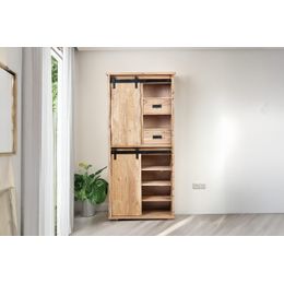 Highboard 80x45x175 cm Baumkante Akazienholz massiv natur gusseiserne Elemente LIAN III