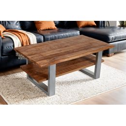 Couchtisch Baumkante massiv Mangoholz honigfarben 115&times;65 cm silber PATRICK