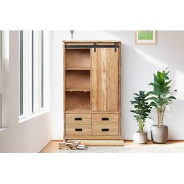 Highboard 90x45x150 cm Baumkante Akazienholz massiv natur gusseiserne Elemente LIAN II
