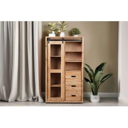 Highboard 100x45x175 cm Baumkante Akazienholz massiv natur gusseiserne Elemente LIAN IV