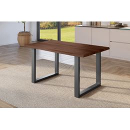 Esstisch 140x80 cm Baumkante Holz Nussbaum-Optik U-Gestell Metall schwarz JULIUS