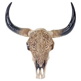 Mendler Deko Sch&auml;del 45cm, Polyresin Stier Bulle Longhorn Kopf Troph&auml;e mit Tribal, In-/Outdoor ~ Variantenan 49830