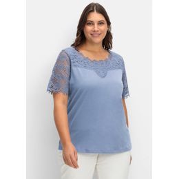 sheego Gro&szlig;e Gr&ouml;&szlig;en Spitzenshirt mit transparenter Spitze, eisblau, Gr&ouml;&szlig;e 52 - Damen