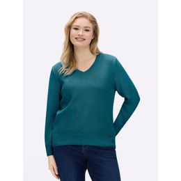 sheego Gro&szlig;e Gr&ouml;&szlig;en V-Ausschnitt-Pullover mit Baumwolle, petrol, Gr&ouml;&szlig;e 54 - Damen