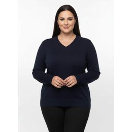 sheego Gro&szlig;e Gr&ouml;&szlig;en V-Ausschnitt-Pullover aus Feinstrick, marine, Gr&ouml;&szlig;e 54 - Damen