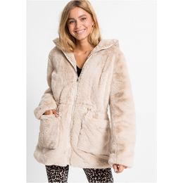 bonprix Damen Fellimitatjacke, beige, Gr. 46, unifarben, Obermaterial: 100% Polyester, Jacken, mit Kapuze aus Teddyfell, lockere Passform, mit