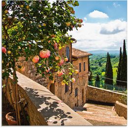 Glasbild Artland, B:40cm H:40cm, gr&uuml;n, K&uuml;che, Bilder, "Rosen auf Balkon Toskanalandschaft", in verschiedenen Gr&ouml;&szlig;en