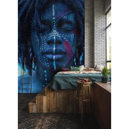 Livingwalls LIVING WALLS Vliestapete "Tribal-Portrait-Tapete Blau Rot Ethno", B/L: 2,7m x 2m, Rollen: 1blau, Wohnzimmer, Tapeten