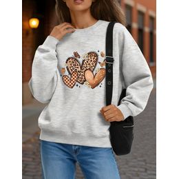 Gorhey Sweatshirt 'Women's Fleece Pullover, Sweatshirt with Leopard Heart Print, Long Sleeve, Loose Fit' female Grey size M