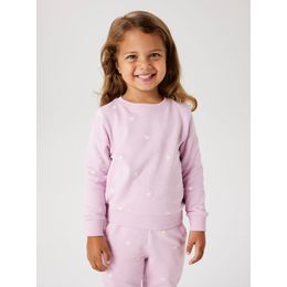 name it M&auml;dchen Sweatshirt "NMFVALBA &ndash; Sweater mit Herzchen-Alloverdruck und Rippb&uuml;ndchen", rosa, Gr. 98, bedruckt, Sweatware, Obermaterial: 100%