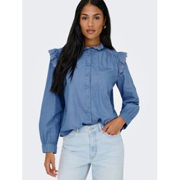 Only Damen Jeansbluse "ONLPIPER L/S EMB FRILL DNM SHIRT QYT", blau, Gr. L, unifarben, Web, Obermaterial: 65% Baumwolle, 35% Lyocell, Blusen, mit