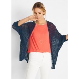 bonprix Damen Longstrickjacke, blau, Gr. 44, Obermaterial: 50% Baumwolle, 50% Polyacryl, Strickjacken, bequeme Passform, mit Lochmuster, casual Stil