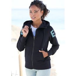 ELBSAND Damen Kapuzensweatjacke mit gro&szlig;em Logodruck hinten, bequeme Freizeitjacke mit Taschen L (40)