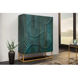 Riess Ambiente Massives Highboard SCORPION 120cm t&uuml;rkis Mangoholz mit 3D Schnitzereien gold Metall Riess-Ambiente Boheme Glamour