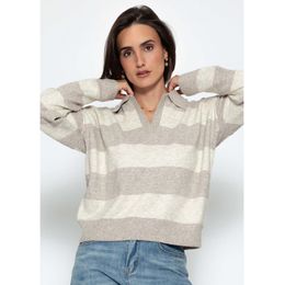 SASSYCLASSY Gestreifter Pullover mit Polokragen in Beige | Gr.: M