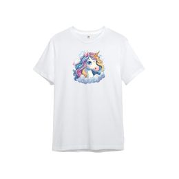 PAULGOS Kinder T-Shirt, Einhorn auf Wolke in Weiss | Gr.: 140