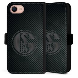 DeinDesign iPhone 16e Handy Klapph&uuml;lle Handyh&uuml;lle aus Kunst Leder schwarz Flip Case Fc Schalke 04 Metallic Look Carbon Sideflip mit Lasche