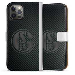 DeinDesign iPhone 12 Pro Max Handy Klapph&uuml;lle Handyh&uuml;lle aus Kunst Leder wei&szlig; Flip Case Fc Schalke 04 Metallic Look Carbon Sideflip mit Lasche