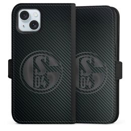 DeinDesign iPhone 15 Handy Klapph&uuml;lle Handyh&uuml;lle aus Kunst Leder schwarz Flip Case Fc Schalke 04 Metallic Look Carbon Sideflip mit Lasche