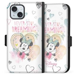 DeinDesign iPhone 15 Handy Klapph&uuml;lle Handyh&uuml;lle aus Kunst Leder schwarz Flip Case Official Licensed Product Minnie Mouse Disney Sideflip mit Lasche