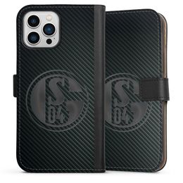 DeinDesign iPhone 13 Pro Max Handy Klapph&uuml;lle Handyh&uuml;lle aus Kunst Leder schwarz Flip Case Fc Schalke 04 Metallic Look Carbon Sideflip mit langer Lasche