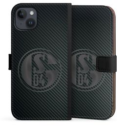 DeinDesign iPhone 14 Plus Handy Klapph&uuml;lle Handyh&uuml;lle aus Kunst Leder schwarz Flip Case Fc Schalke 04 Metallic Look Carbon Sideflip mit langer Lasche