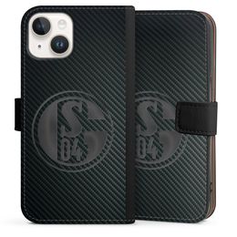 DeinDesign iPhone 14 Handy Klapph&uuml;lle Handyh&uuml;lle aus Kunst Leder schwarz Flip Case Fc Schalke 04 Metallic Look Carbon Sideflip mit Lasche