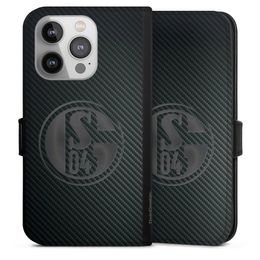 DeinDesign iPhone 14 Pro Handy Klapph&uuml;lle Handyh&uuml;lle aus Kunst Leder schwarz Flip Case Fc Schalke 04 Metallic Look Carbon Sideflip mit langer Lasche