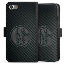 DeinDesign iPhone SE (2022) Handy Klapph&uuml;lle Handyh&uuml;lle aus Kunst Leder schwarz Flip Case Fc Schalke 04 Metallic Look Carbon Sideflip mit Lasche