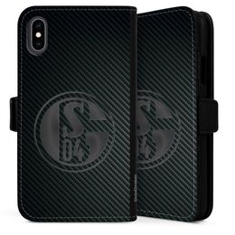 DeinDesign iPhone X Handy Klapph&uuml;lle Handyh&uuml;lle aus Kunst Leder schwarz Flip Case Fc Schalke 04 Metallic Look Carbon Sideflip mit langer Lasche