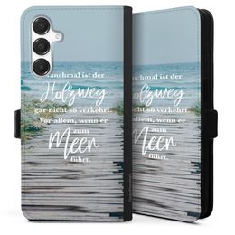 DeinDesign Galaxy A16 5G Handy Klapph&uuml;lle Handyh&uuml;lle aus Kunst Leder schwarz Flip Case Statement Beach Spruch Sideflip mit Lasche