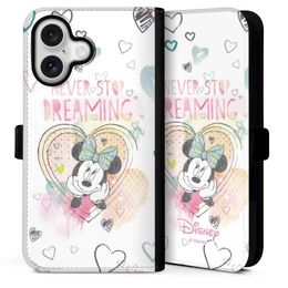 DeinDesign iPhone 16 Handy Klapph&uuml;lle Handyh&uuml;lle aus Kunst Leder schwarz Flip Case Official Licensed Product Minnie Mouse Disney Sideflip mit Lasche